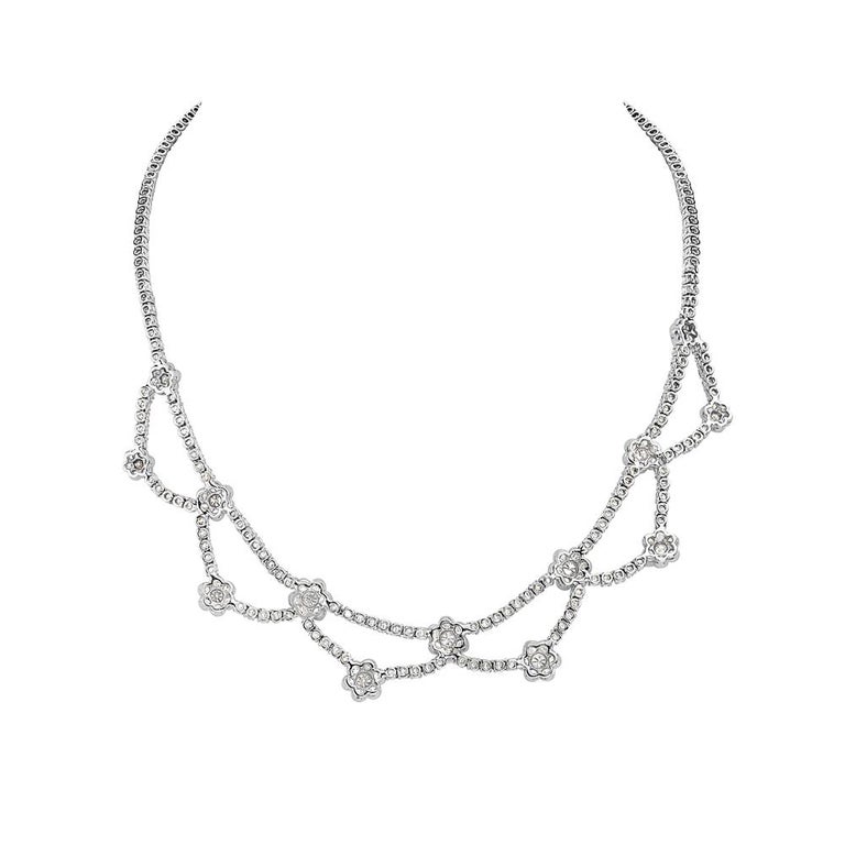 18 Karat White Gold and Diamond Flower Riviera Necklace For Sale (Free ...