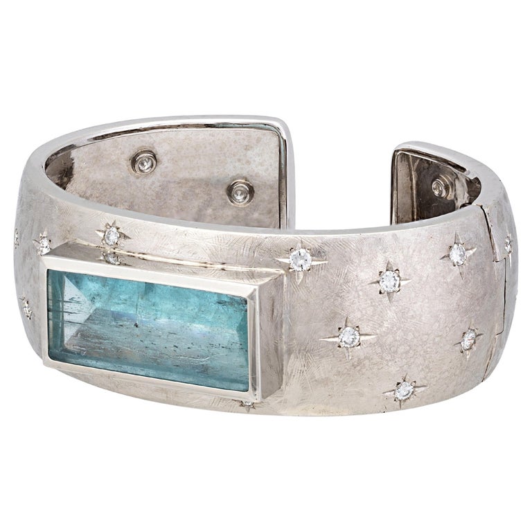 18k White Gold Aquamarine Cuff Bracelet with Diamonds, by Gloria Bass ...