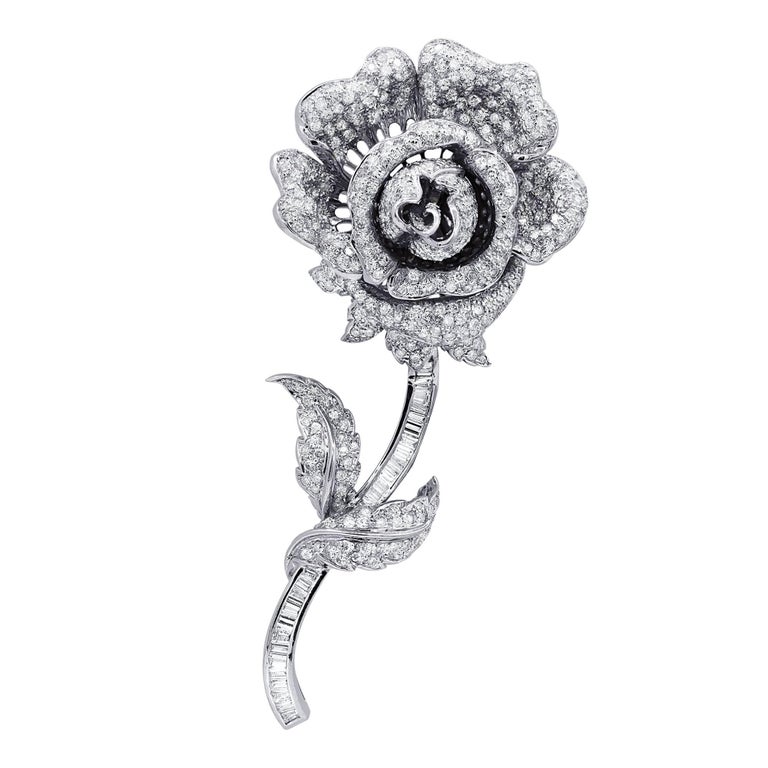 18 Karat White Gold Big Rose Pin For Sale at 1stDibs