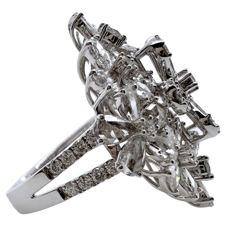 18k White Gold Bouquet of Flower Diamond Ring with Rose Cut Diamonds ...