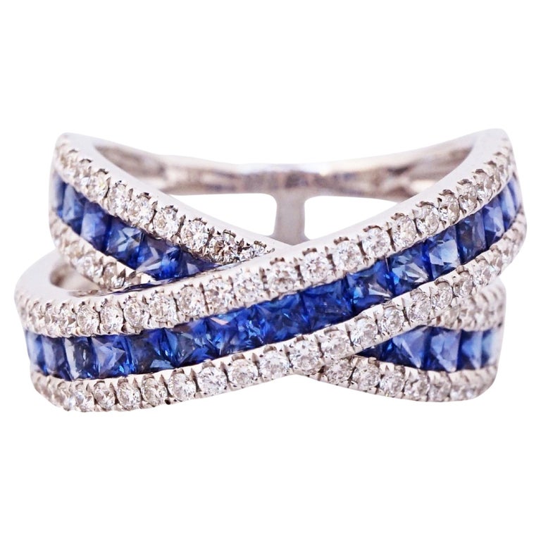 18k White Gold Crossover Ring with Diamonds and Sapphires For Sale at ...