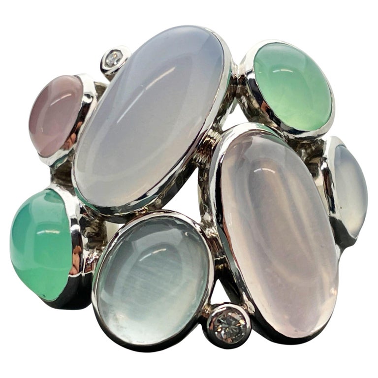 18k White Gold Custom Chalcedony and Diamond Cluster Ring For Sale at ...