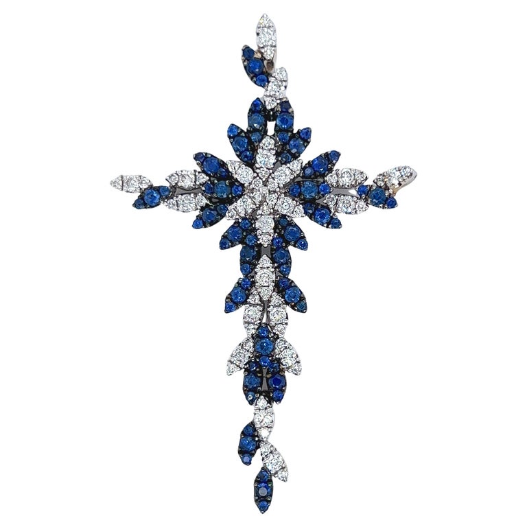 18K White Gold Diamond Blue Sapphire Cross Pendant For Sale at 1stDibs