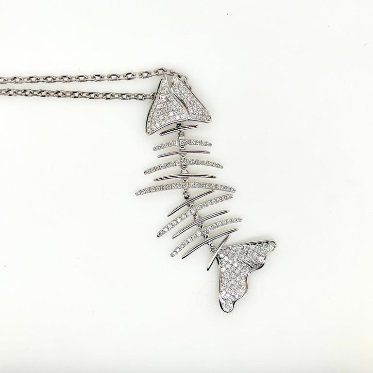 18k White Gold Diamond Fish Bone Pendant For Sale at 1stDibs