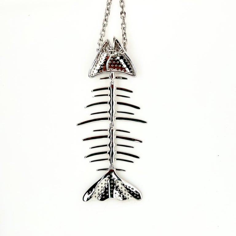 18k White Gold Diamond Fish Bone Pendant For Sale at 1stDibs
