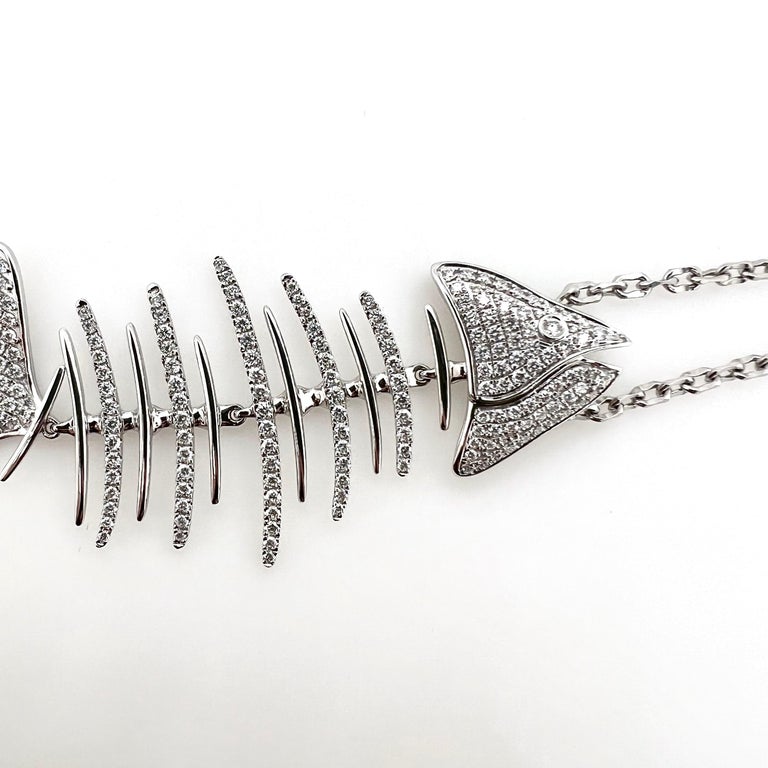 18k White Gold Diamond Fish Bone Pendant For Sale at 1stDibs