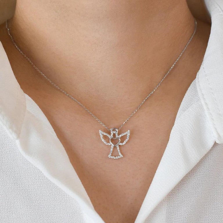18k Gold Diamond Heart Angel Charm Pendent Necklace For Sale at 1stDibs