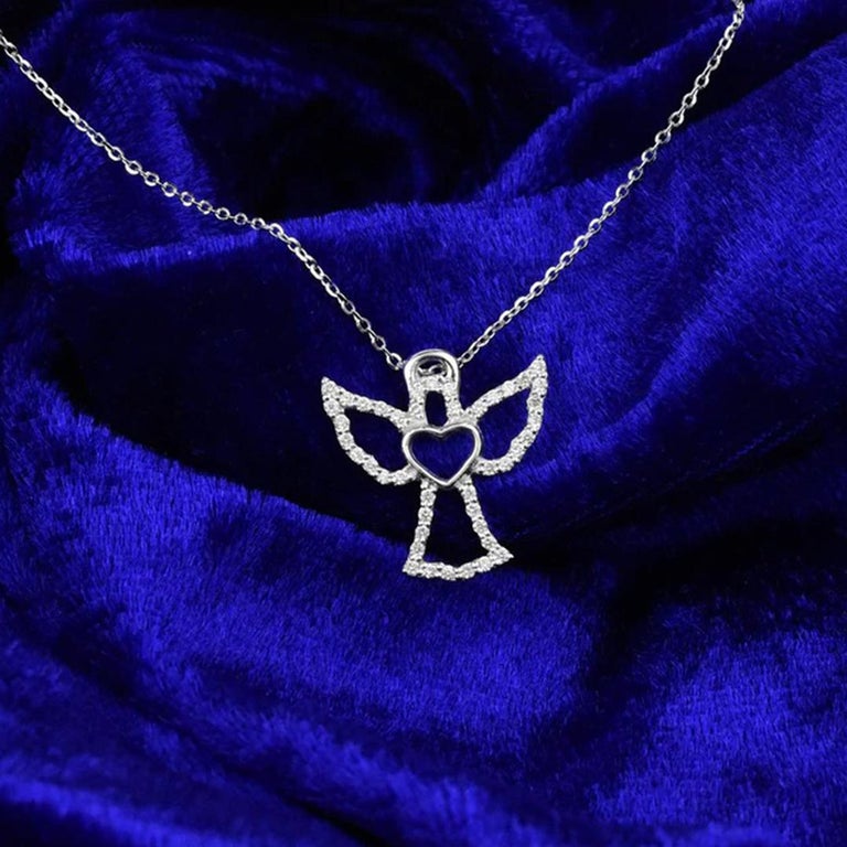 18k Gold Diamond Heart Angel Charm Pendent Necklace For Sale at 1stDibs