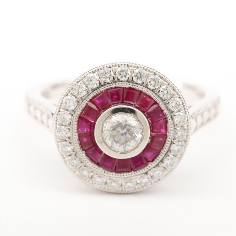 Customizable White Gold Diamond Ruby Engagement Ring, Art Deco Diamond ...