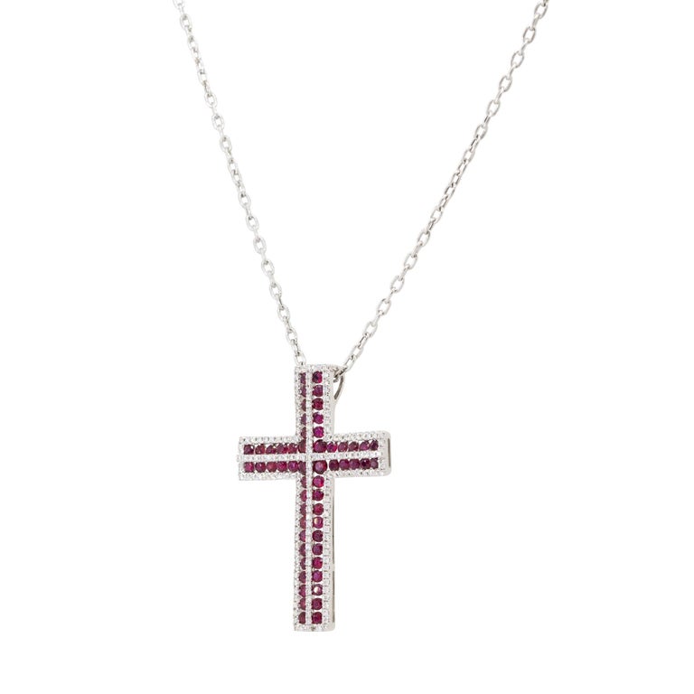 Diamond and Ruby Pave Cross Pendant Necklace 18 Karat In Stock For Sale ...