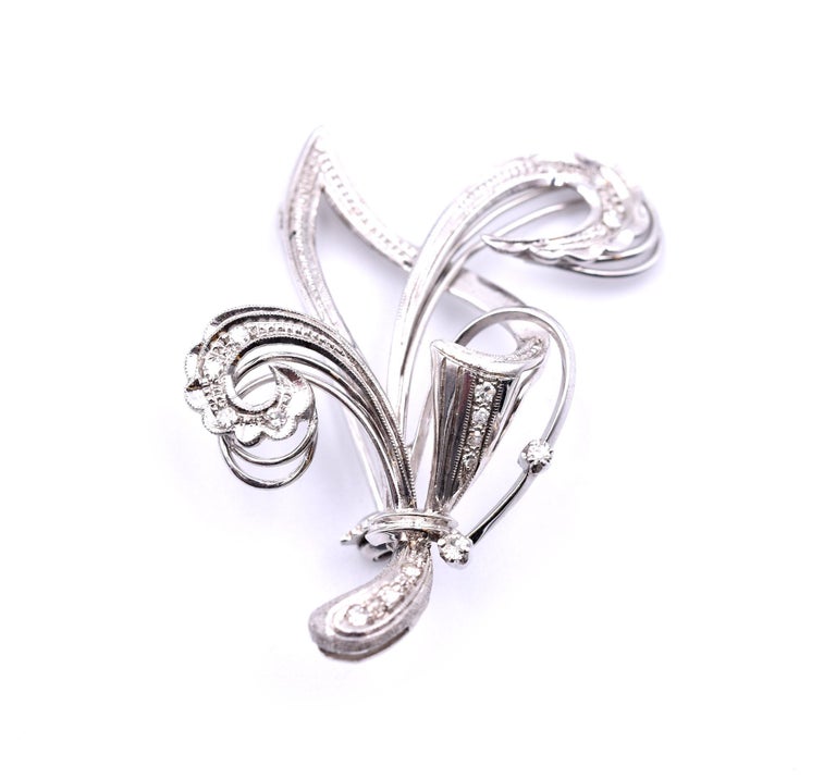 18 Karat White Gold Diamond Scroll Pin at 1stDibs