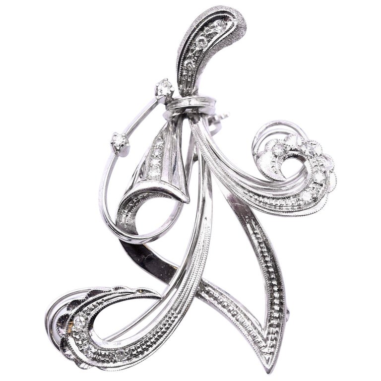 18 Karat White Gold Diamond Scroll Pin at 1stDibs