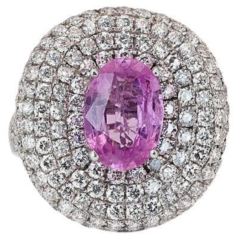 18k White Gold Dome Ring w/ 4.2ct Natural Sapphire and Diamonds IGI Certificate For Sale at 1stDibs