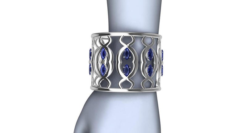 18 Karat White Gold Double Arabesque Cuff Bracelet with Sapphires For ...