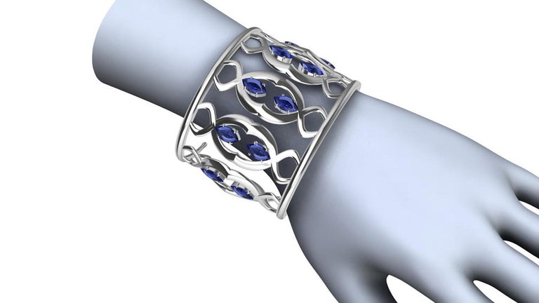 18 Karat White Gold Double Arabesque Cuff Bracelet with Sapphires For ...