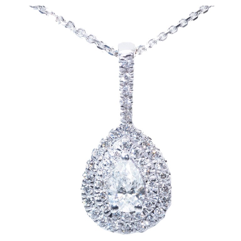 18k White gold Double Halo Pendant with Chain with 0.45 Natural Diamond ...
