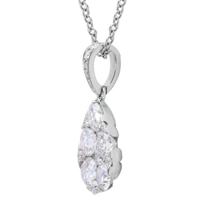 18K White Gold Drop Shape Diamond Cluster Pendant with Chain For Sale ...