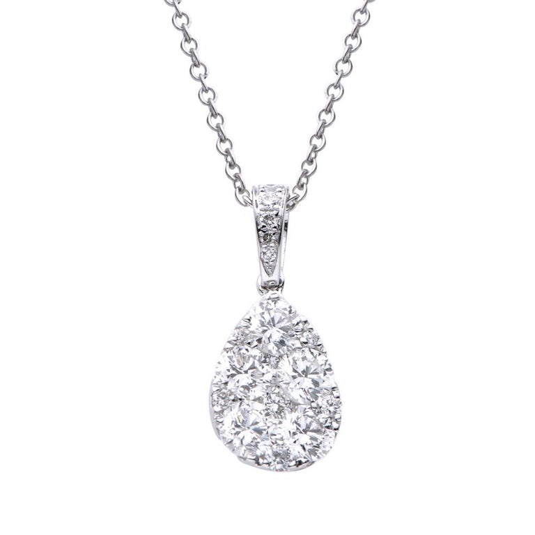 18K White Gold Drop Shape Diamond Cluster Pendant with Chain For Sale ...