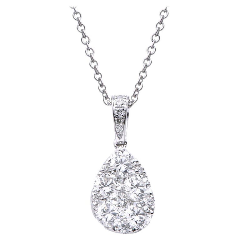 18K White Gold Drop Shape Diamond Cluster Pendant with Chain at 1stDibs