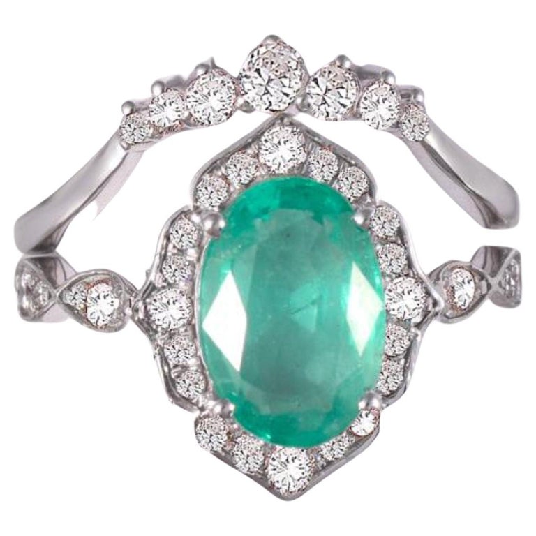 Customizable 18K White Gold emerald Bridal Set, Halo Emerald Engagement ...