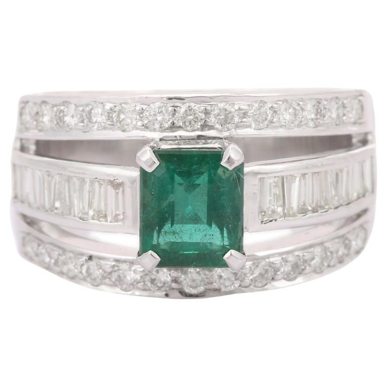 Customizable 18K White Gold Emerald Diamond Octagon Gemstone Ring For ...