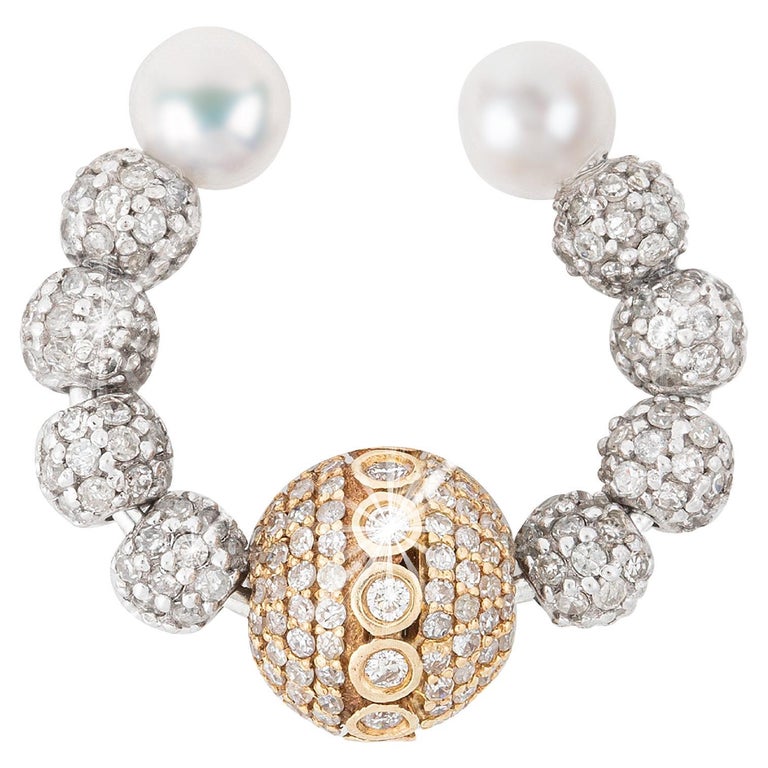 18k White Gold Encrusted Diamonds Ear Cuff with One Large Orb and Akoya ...