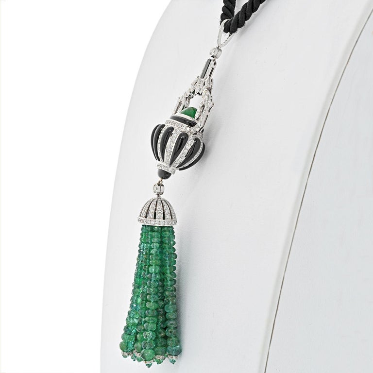 18k White Gold Estate Diamond Onyx And Emerald Bead Tassel Pendant