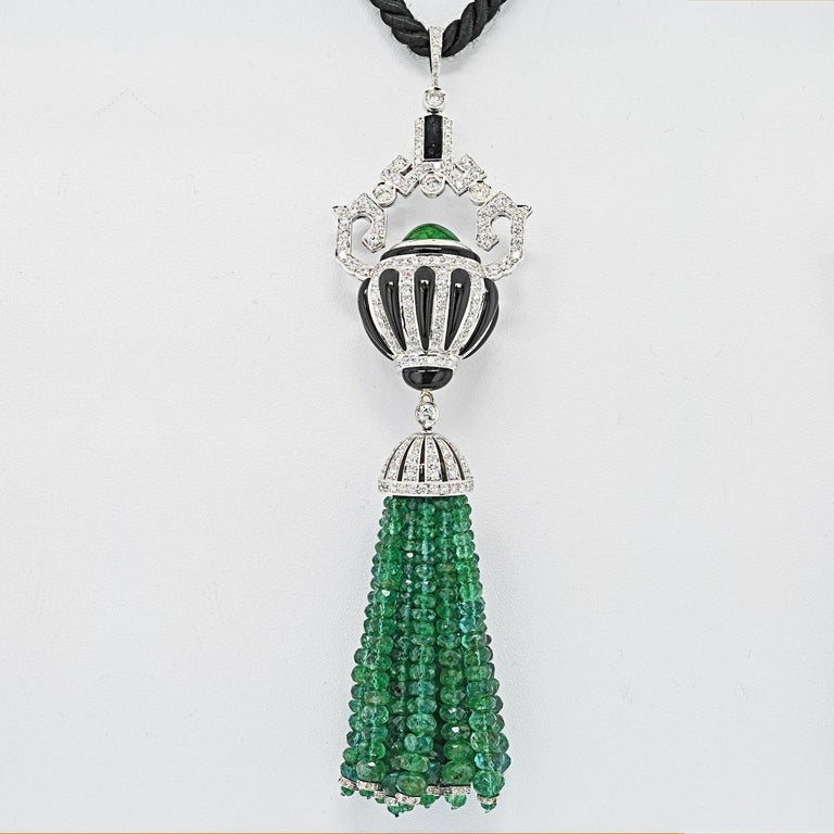 18k White Gold Estate Diamond Onyx And Emerald Bead Tassel Pendant
