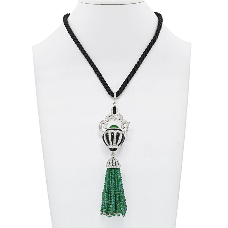18k White Gold Estate Diamond Onyx And Emerald Bead Tassel Pendant