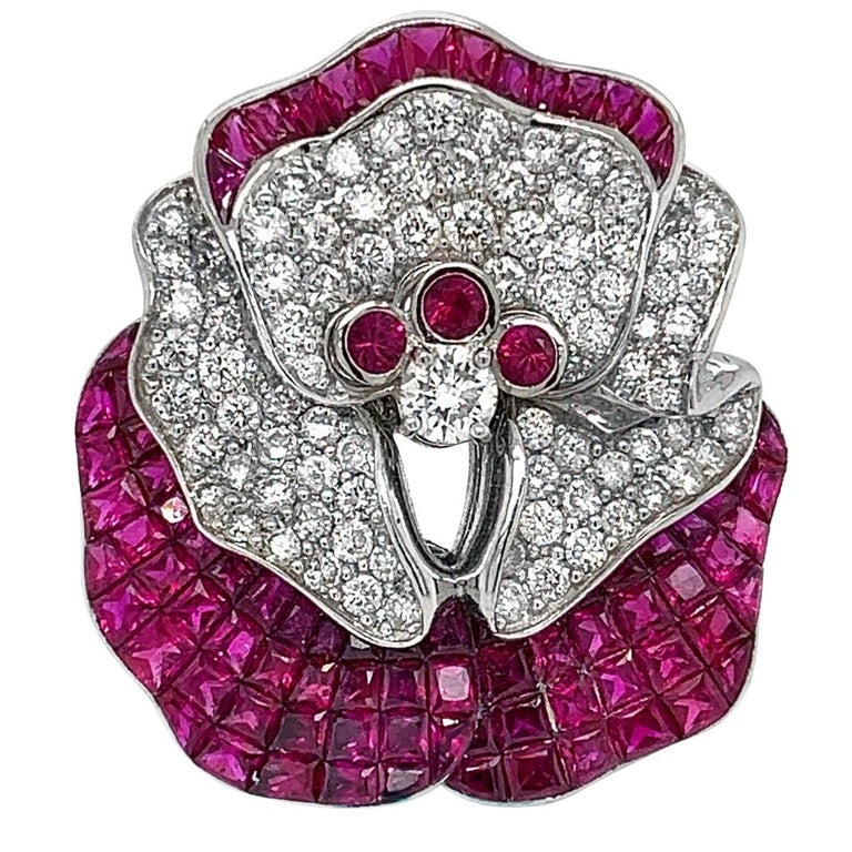 18 Karat White Gold Fancy Ruby Diamond Brooch For Sale at 1stDibs