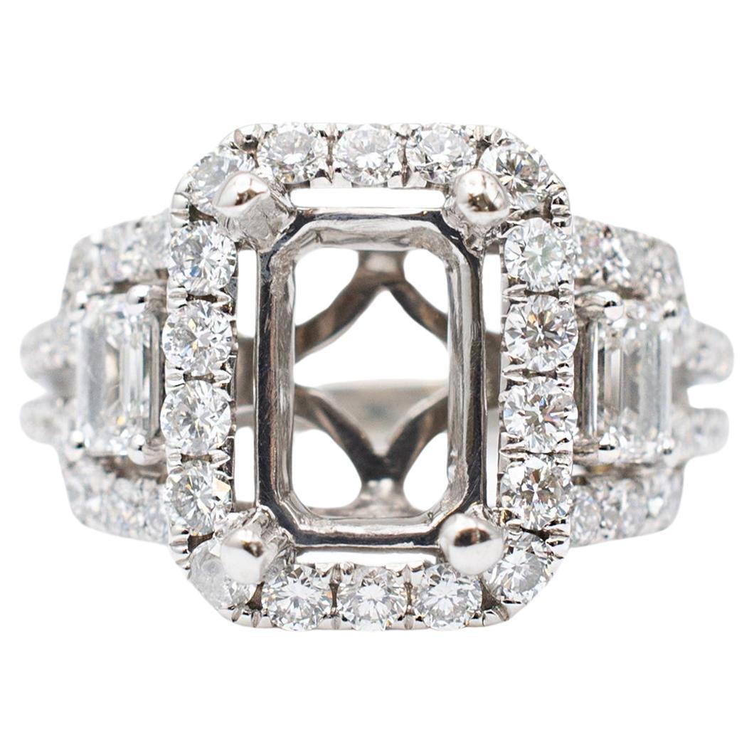 18K White Gold Halo Three Stone Diamond Rectangular Semi Mount ...