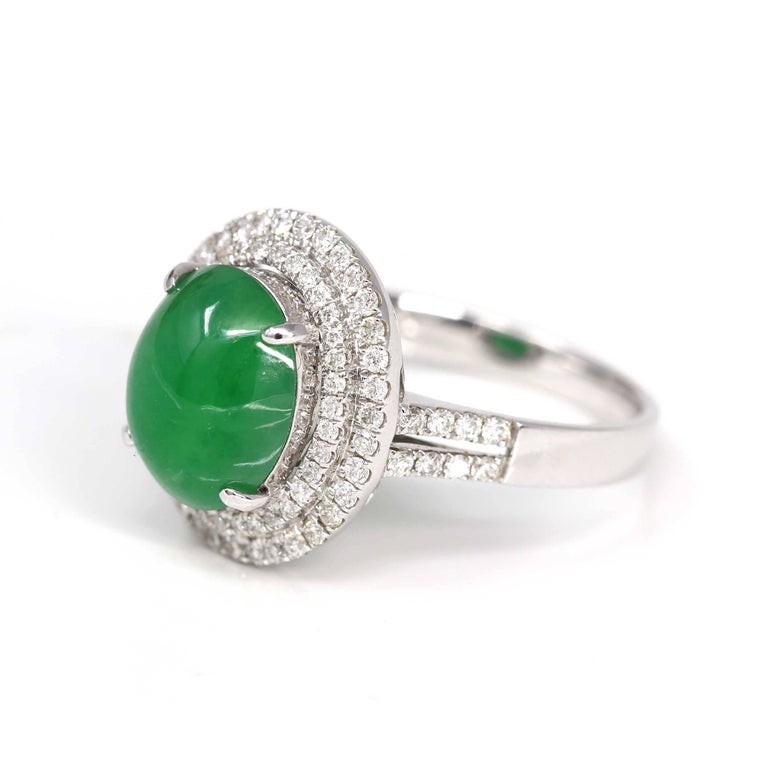 18k White Gold Imperial Green Jadeite Jade Ring with Diamonds For Sale at 1stDibs