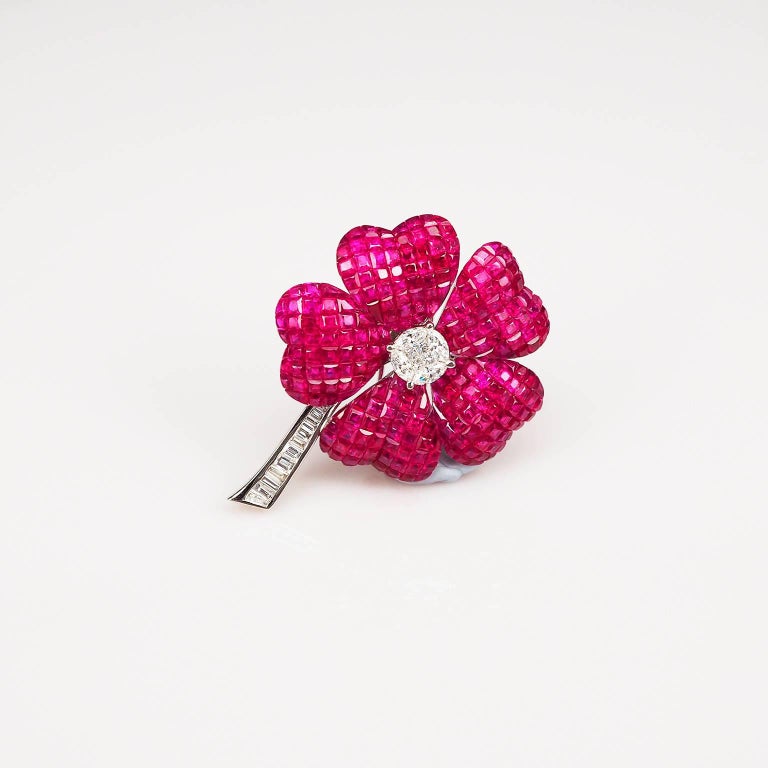 18K White gold invisible Ruby Flower Brooch For Sale at 1stDibs | ruby ...