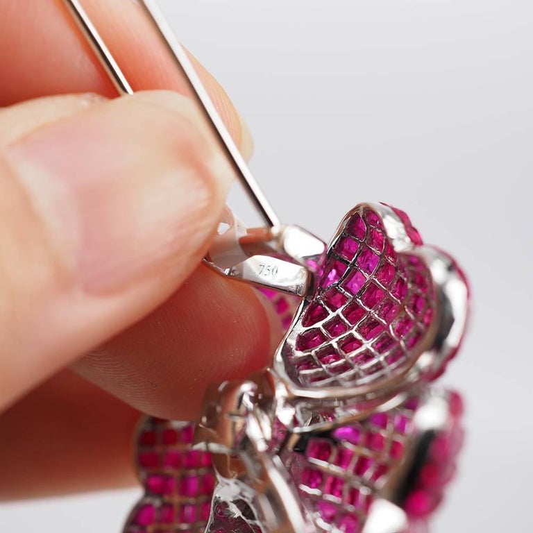18K White gold invisible Ruby Flower Brooch For Sale at 1stDibs | ruby ...