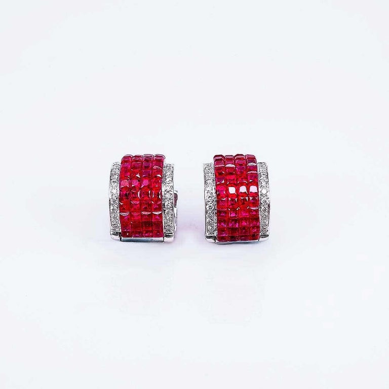 18 Karat White Gold Invisible Ruby Hoop Earrings For Sale at 1stDibs