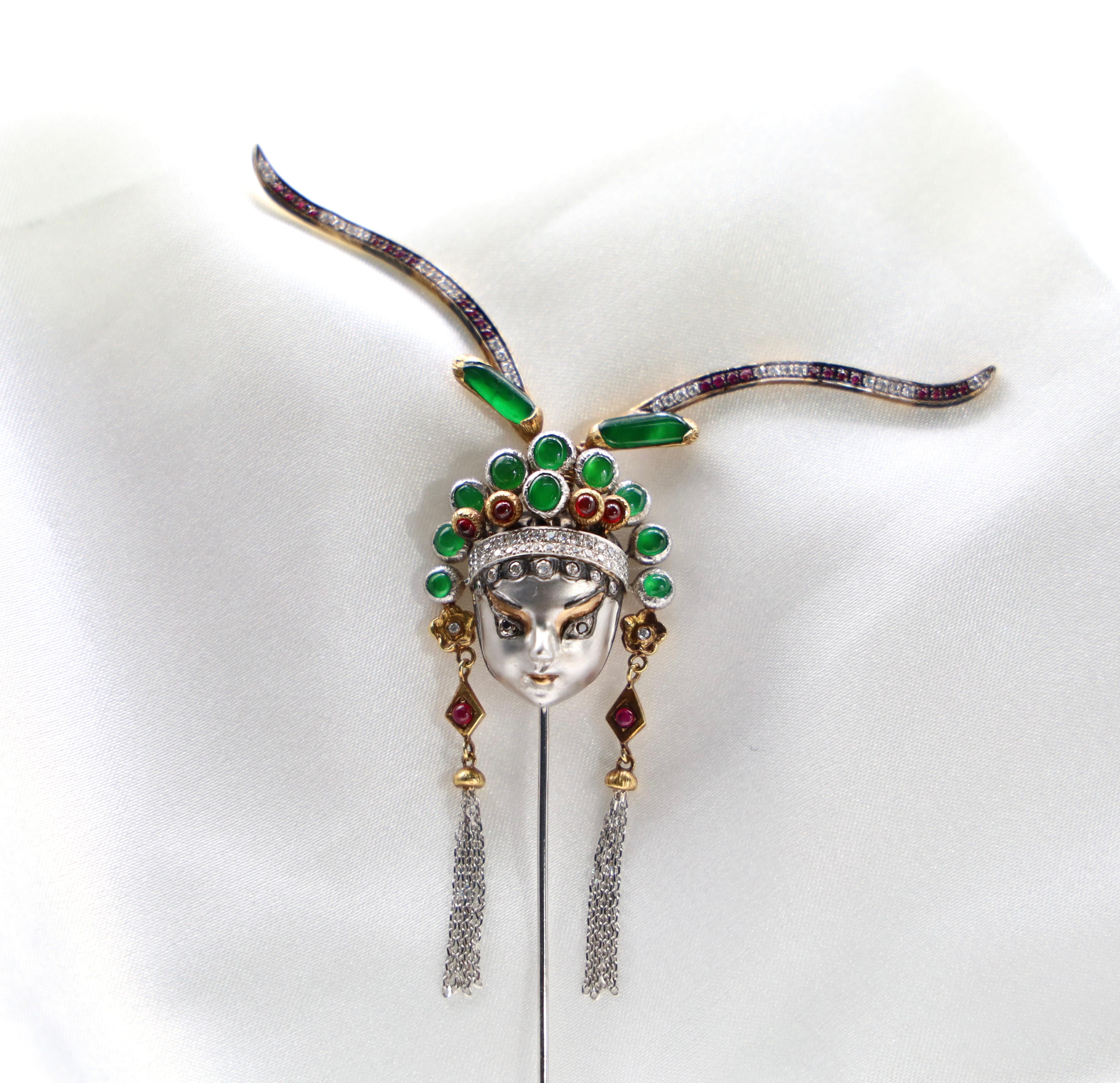 18K White Gold Jadeite and Ruby Chinese Opera Portrait Brooch with Diamonds For Sale at 1stDibs