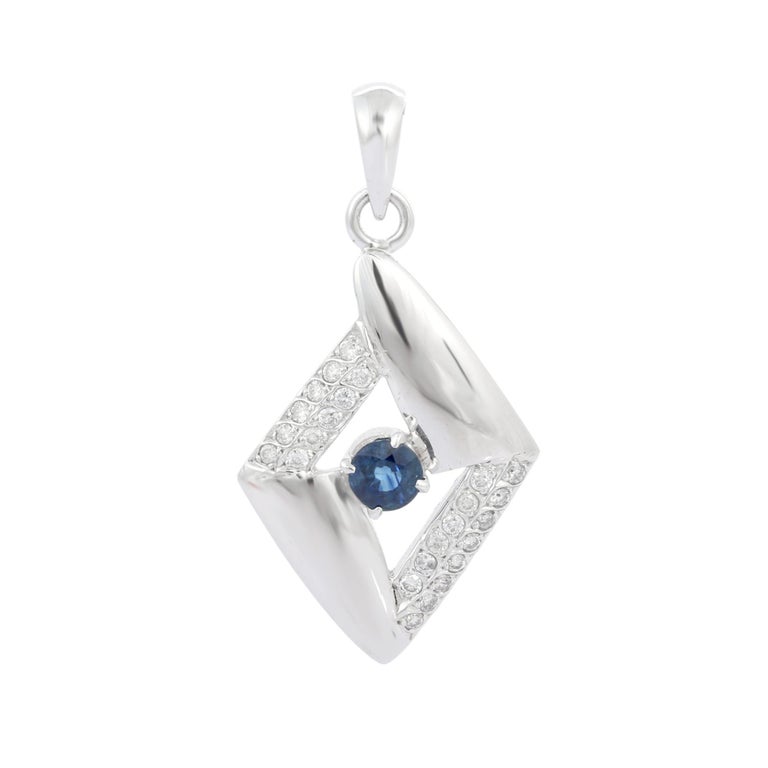 Lozenge Shape Blue Sapphire and Diamond Pendant Studded in 18K White ...