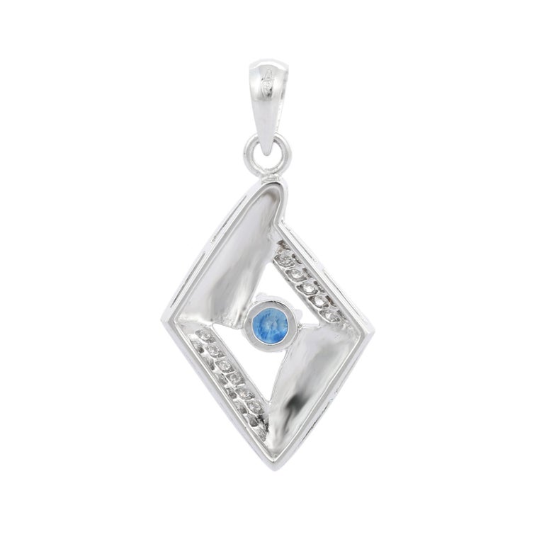Lozenge Shape Blue Sapphire and Diamond Pendant Studded in 18K White ...