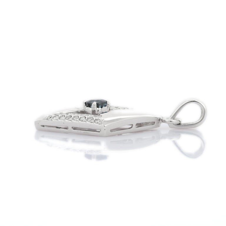 Lozenge Shape Blue Sapphire and Diamond Pendant Studded in 18K White ...