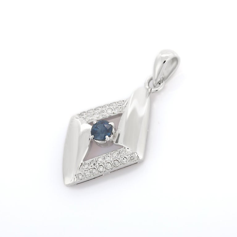 18K White Gold Lozenge Shape Blue Sapphire and Diamond Pendant For Sale ...