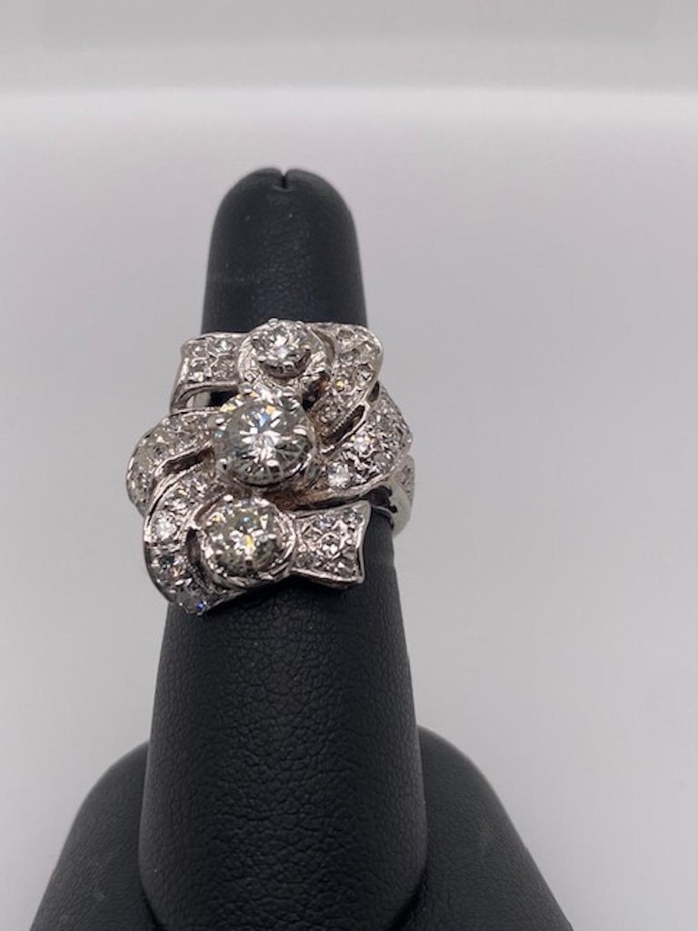 18k White Gold Mine Cut Diamond Antique Flower Ring at 1stDibs