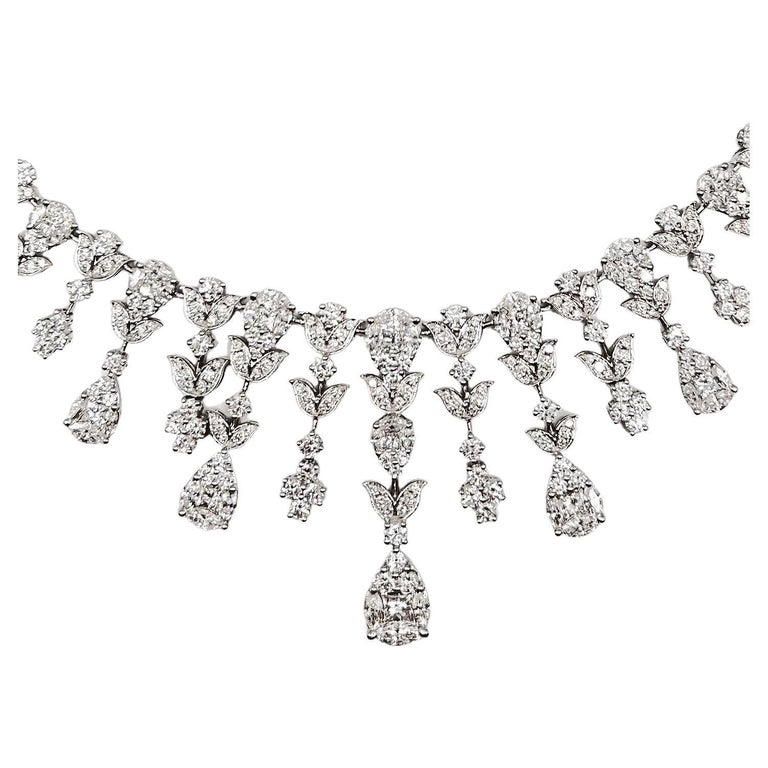 18k White Gold Mixed-Cut Diamond Fringe Necklace at 1stDibs