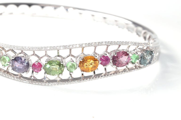 18K White Gold Multiple Colors Sapphire Diamond Hinge Bangle Bracelet ...