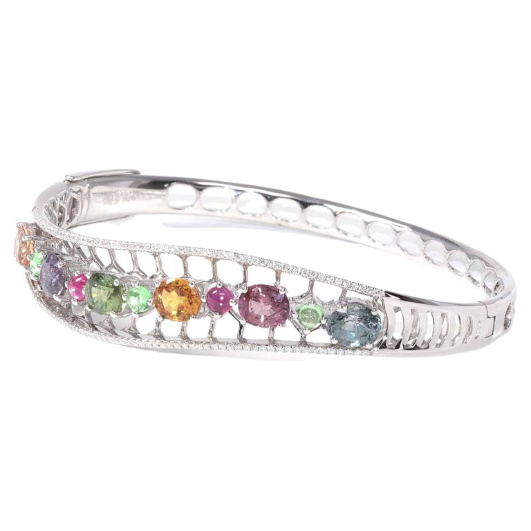 18K White Gold Multiple Colors Sapphire Diamond Hinge Bangle Bracelet ...