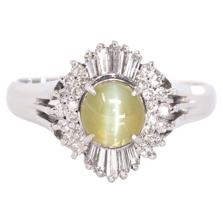 18 Karat Weißgold Natürlicher grüner Chrysoberyll Katzenauge-Ring mit ...