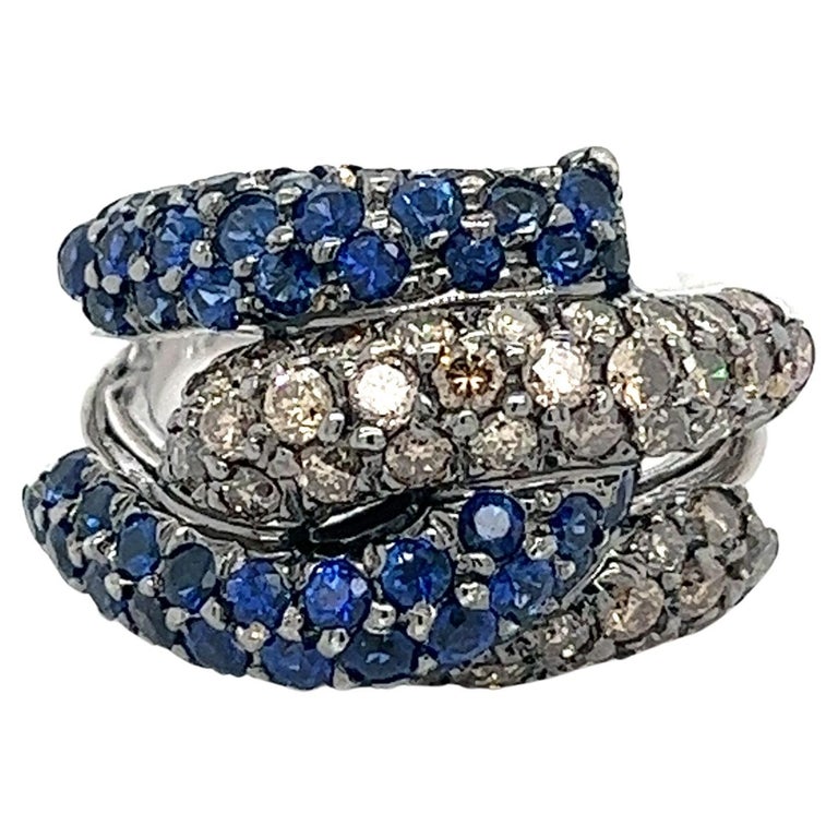18k White Gold Natural Round Blue Sapphire and Brown Diamond 4 Row Pave ...