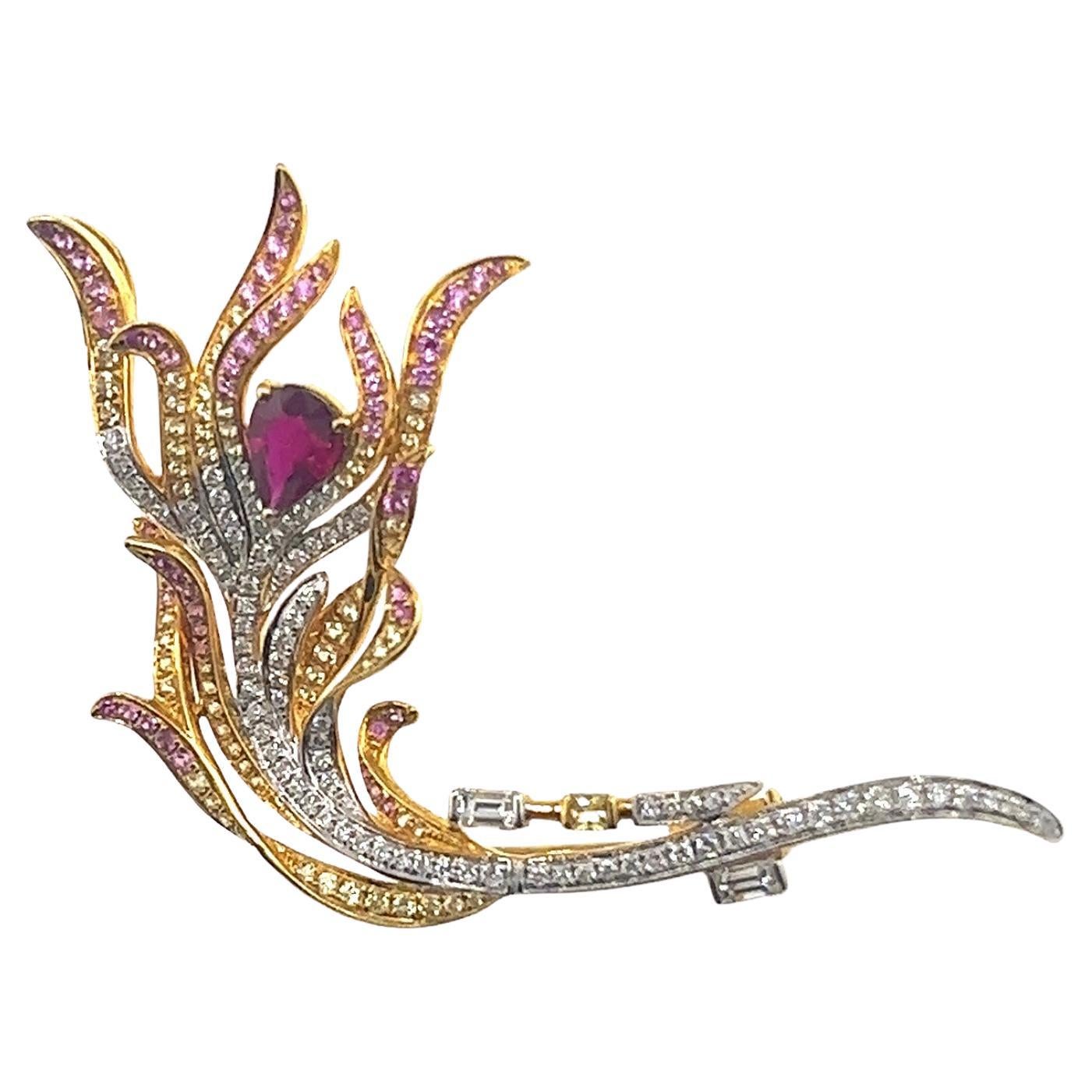 18K Rose Gold Flower Ruby and Pink Sapphire 3-in-1 Diamond Brooch Ring ...