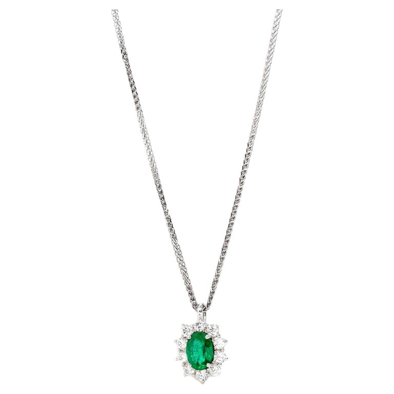 18k White Gold Oval Aaa Emerald, Four Round Prong Set, Necklace with ...