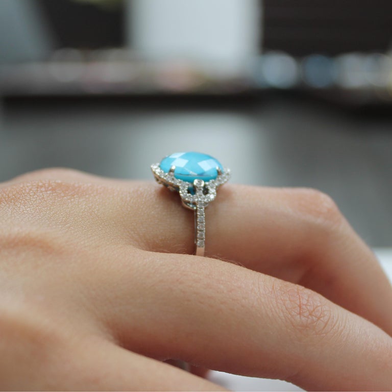 18 Karat Gold Oval Cocktail Doublet Ring with White Topaz, Turquoise ...