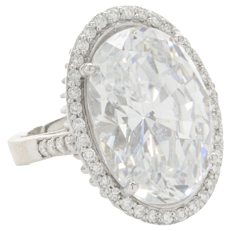 18k White Gold Oval CZ and Diamond Ring For Sale at 1stDibs